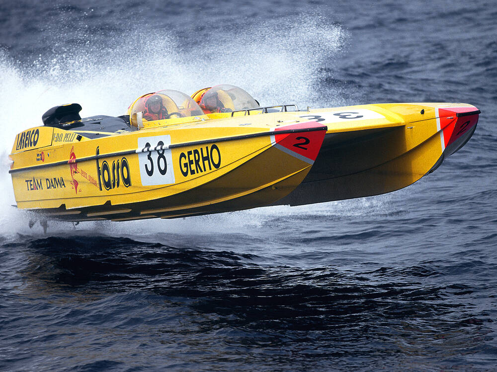 Yellow offshore racing boat - Photographic print for sale