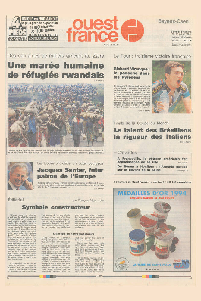 Front page of Ouest France dated July 16, 1994 - Photographic print for ...