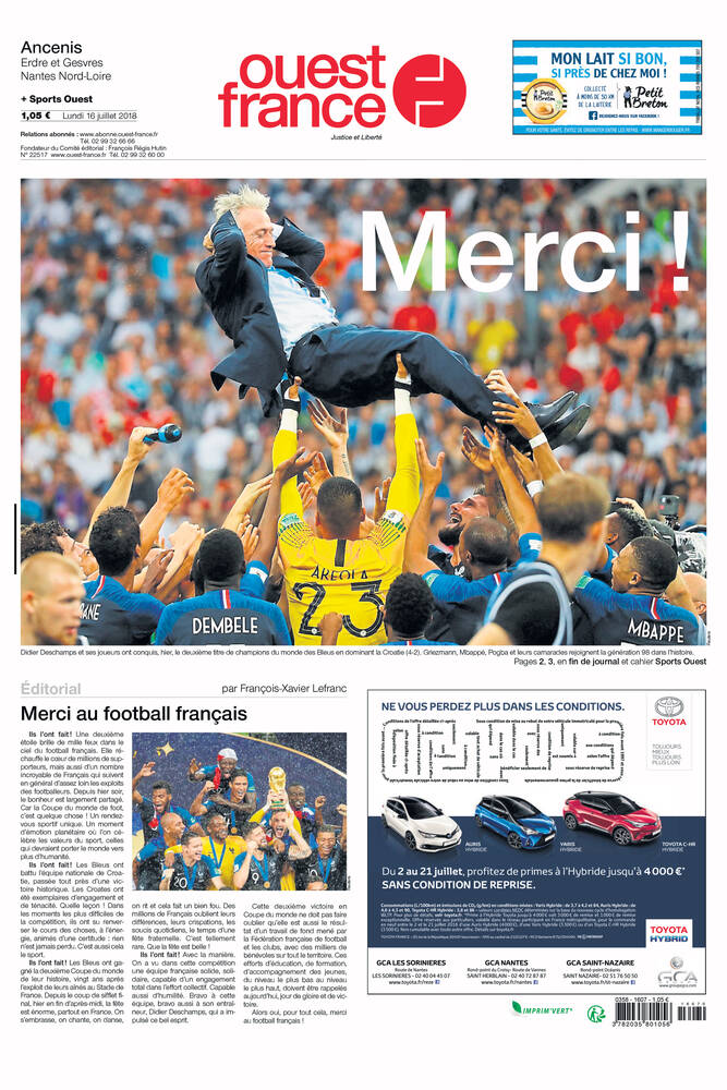 Une de Ouest France datée du 16 juillet 2018 - Photo et Tableau ...