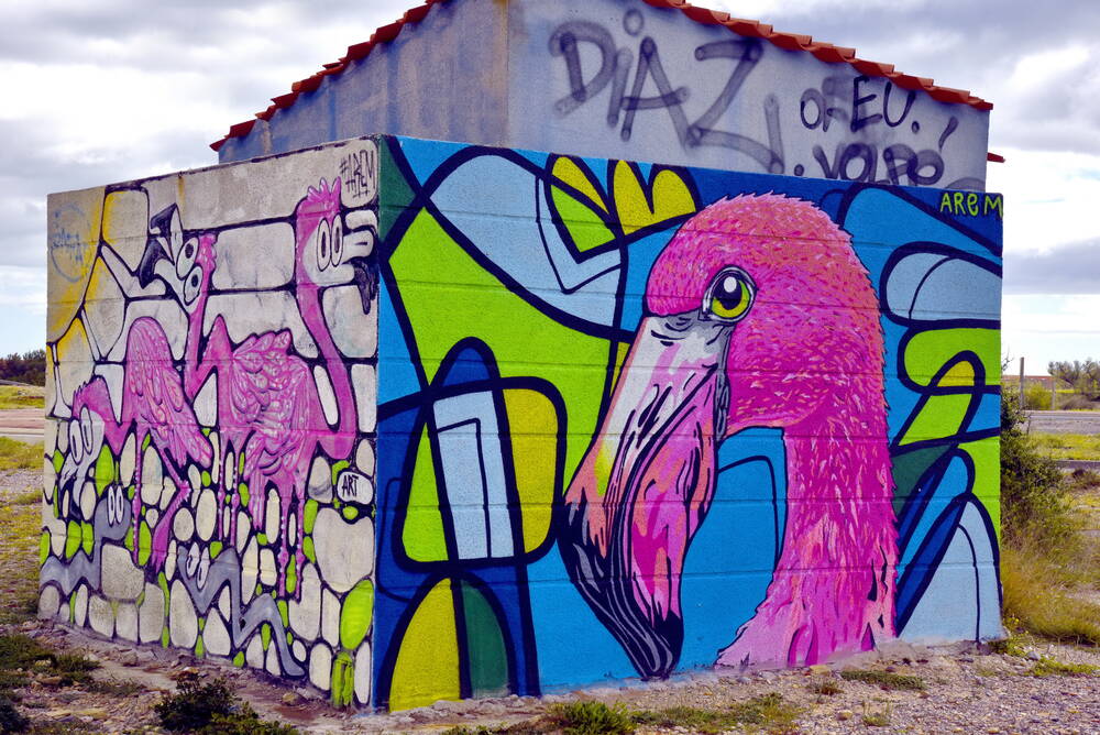 Graffiti outdoor mural the pink flamingos - Photographic print for sale