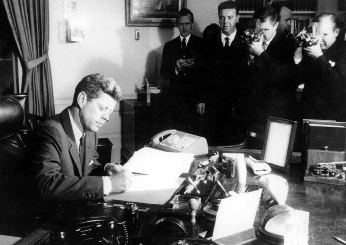 US President John Fitzgerald Kennedy Signing Declaration of Naval ...