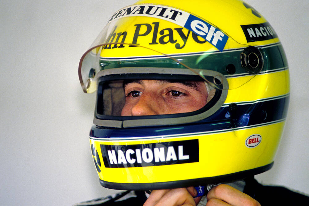 Ayrton Senna with his helmet Budapest 1986 - Photographic print for sale