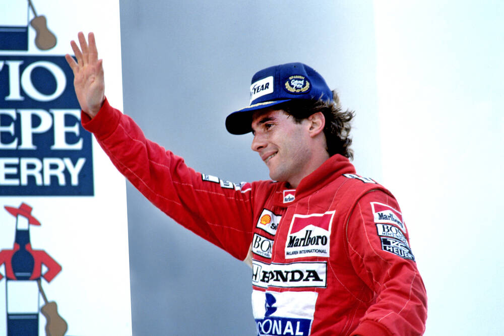Ayrton Senna on the podium at Jerez 1989 - Photographic print for sale