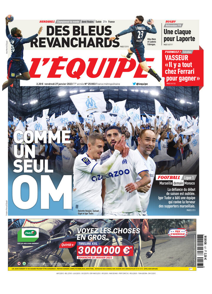 Une de L'Équipe datée du 27 janvier 2023